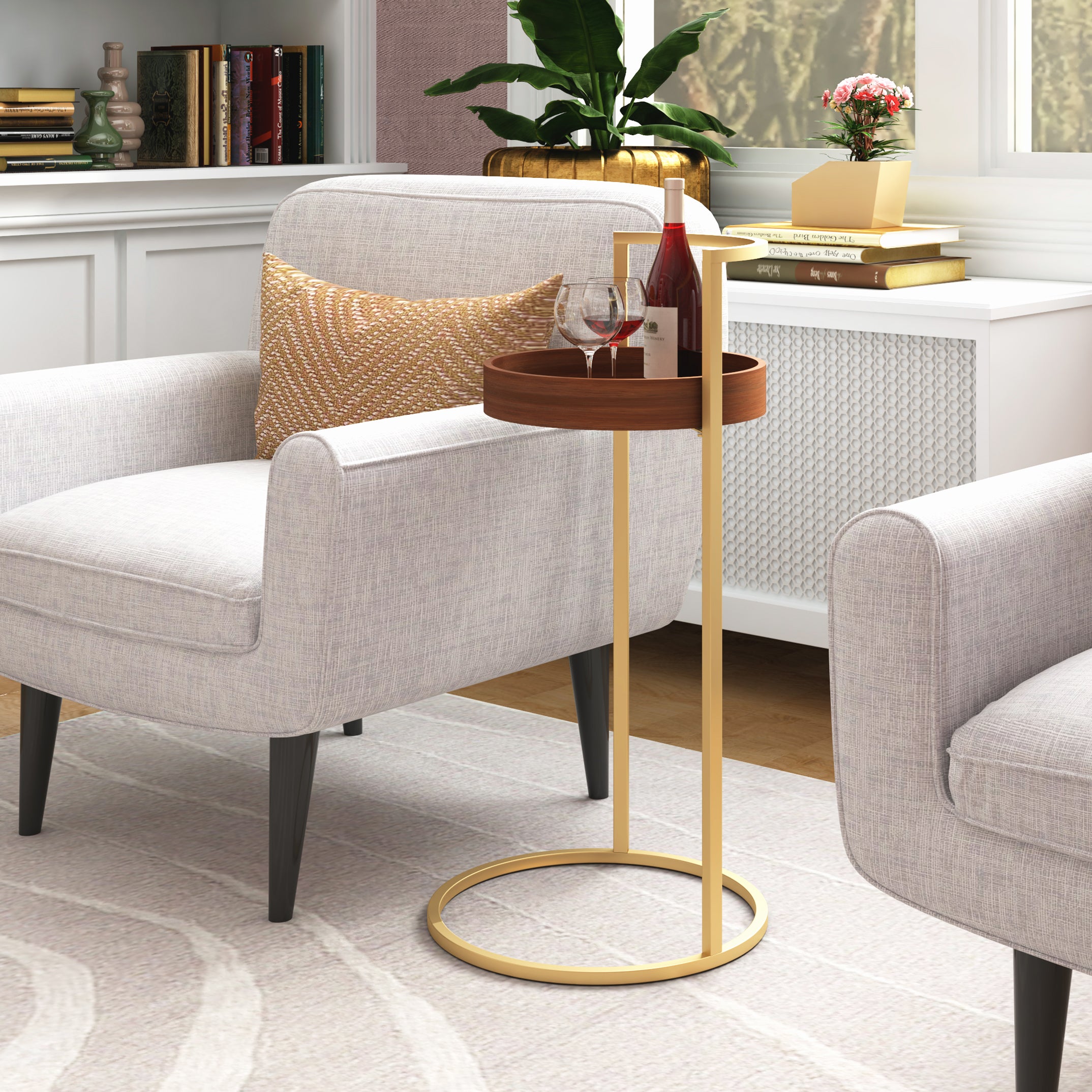 Gold C-shape Round End Table with Carry Handle – Hawoohome